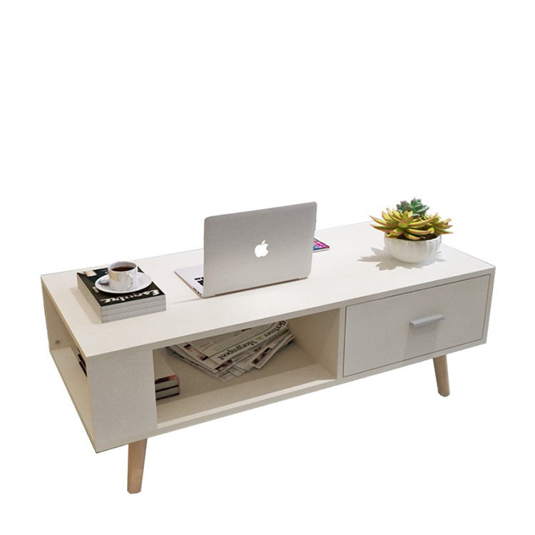 White Coffee Table Storage Drawer & Open Shelf With Wooden Legs – Home ...